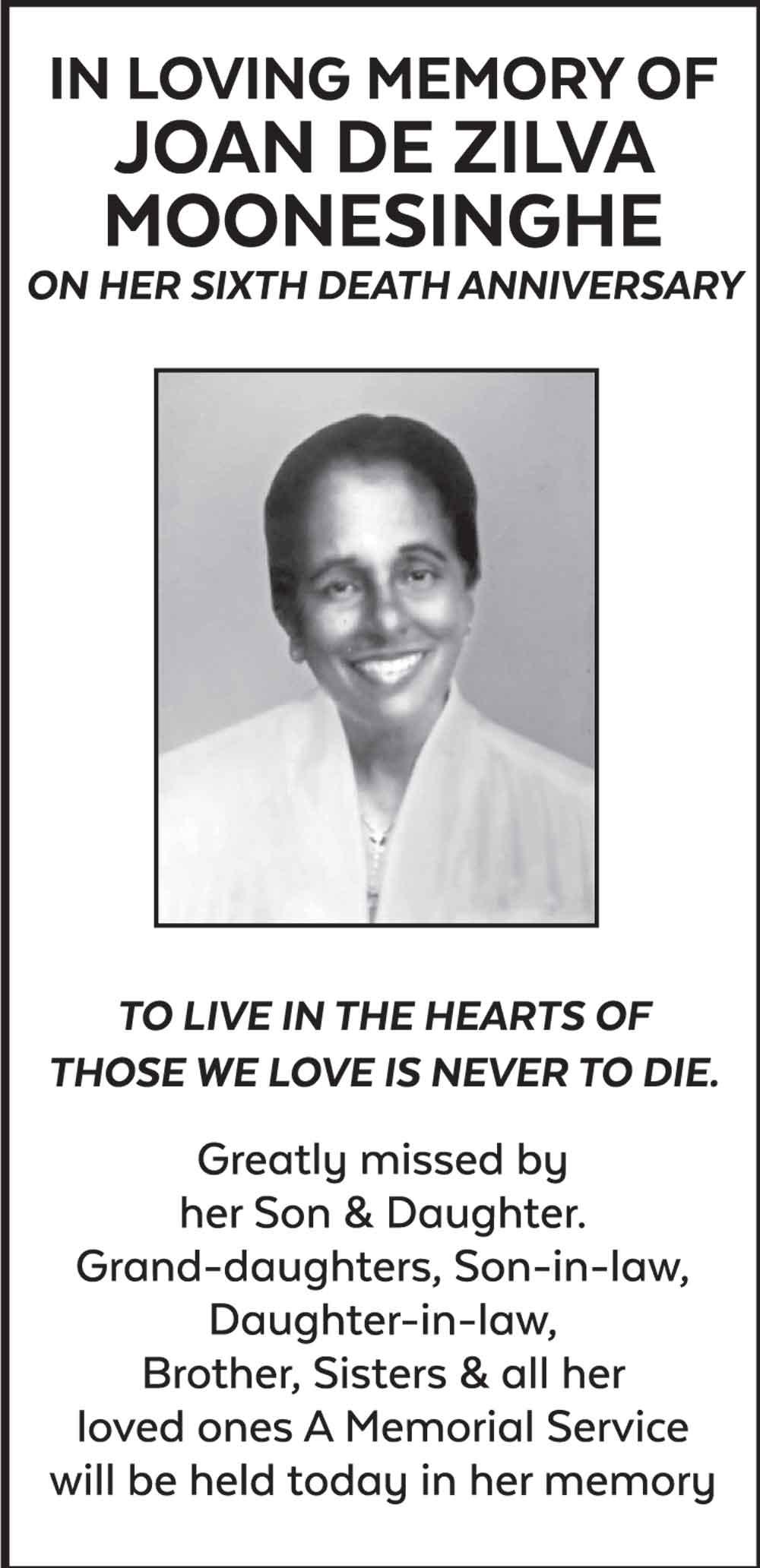 Joan De Zilva Moonesinghe - Obituaries | Daily Mirror