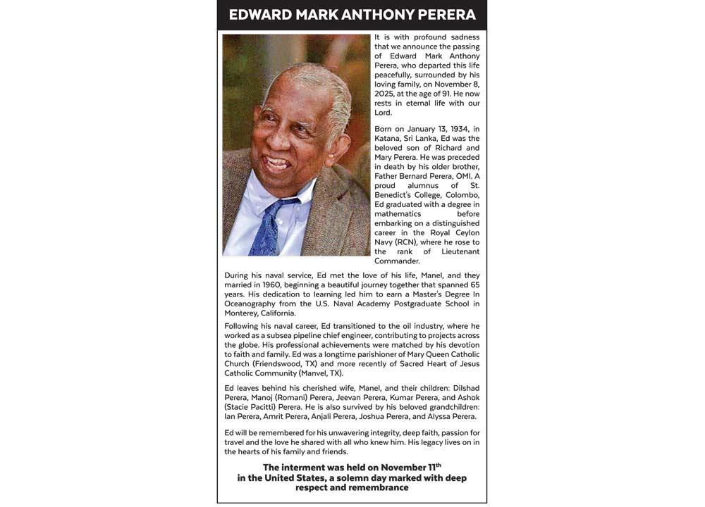 Edward Mark Anthony Perera - Obituaries | Daily Mirror