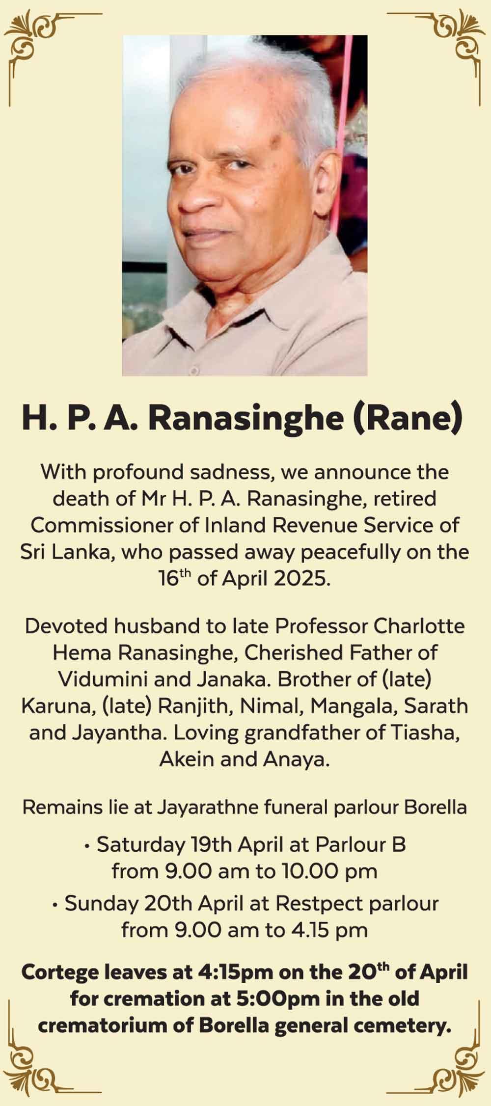 H.P.A. Ranasinghe (Rane) - Obituaries | Daily Mirror