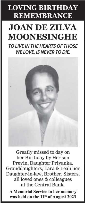 JOAN DE ZILVA MOONESINGHE - Acknowledgement | Daily Mirror