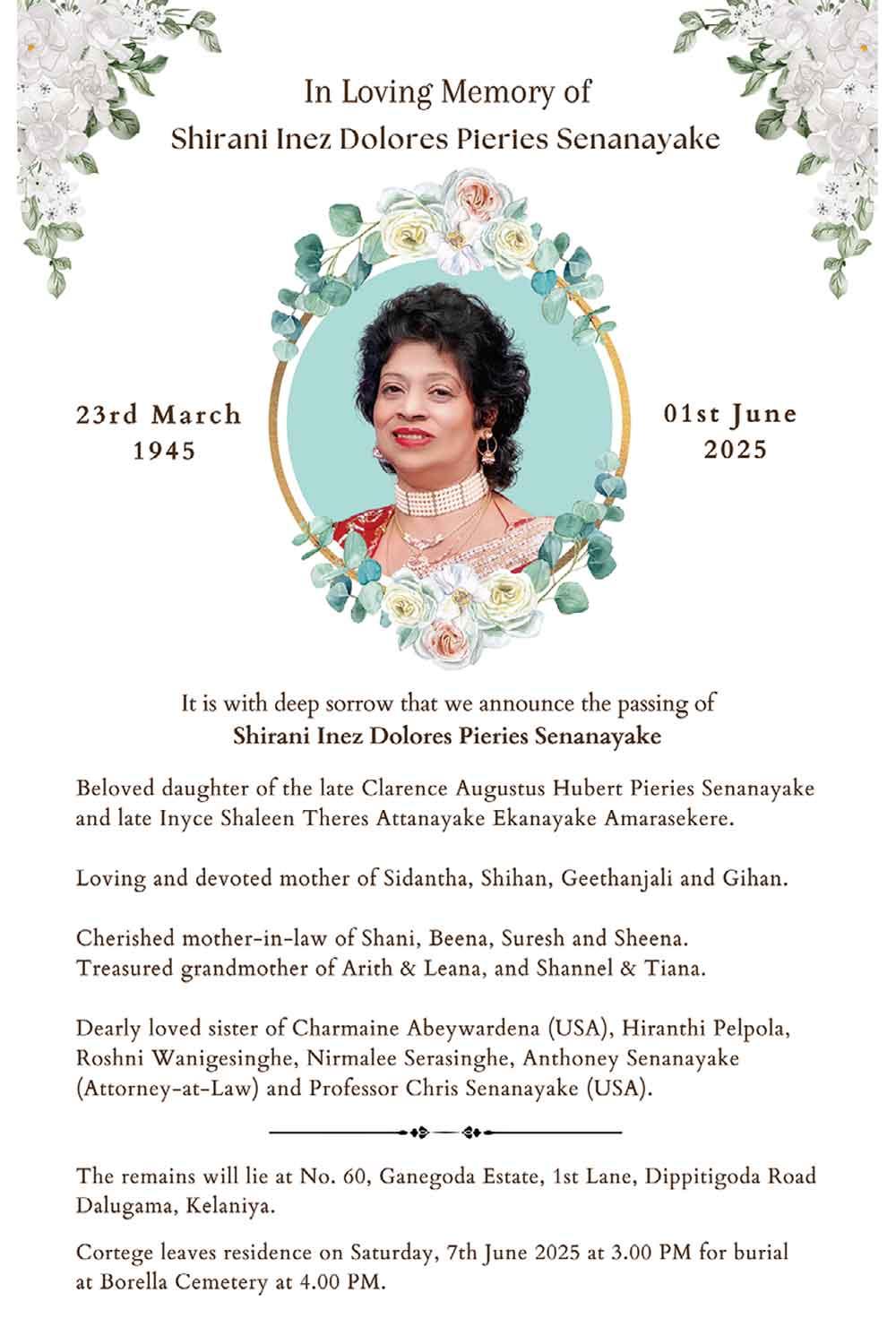 Shirani Inez Dolores Pieries Senanayake - Acknowledgement | Daily Mirror