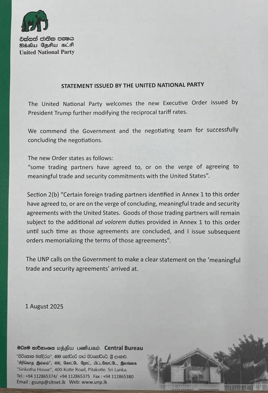 UNP calls on government to make clear statement on trade, security ...