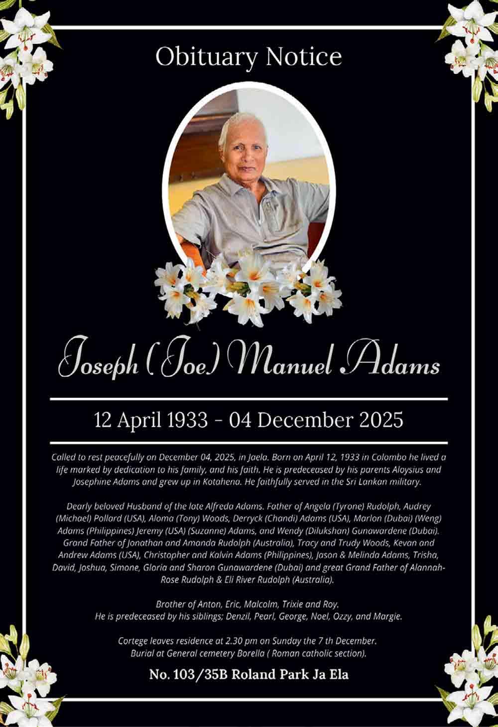 Joseph Joel Manuel Adams - Obituaries | Daily Mirror