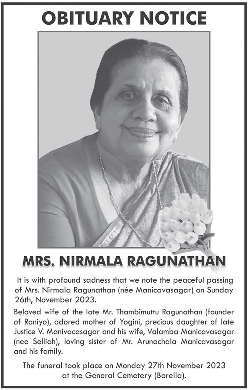 MRS. NIRMALA RAGUNATHAN - Obituaries | Daily Mirror